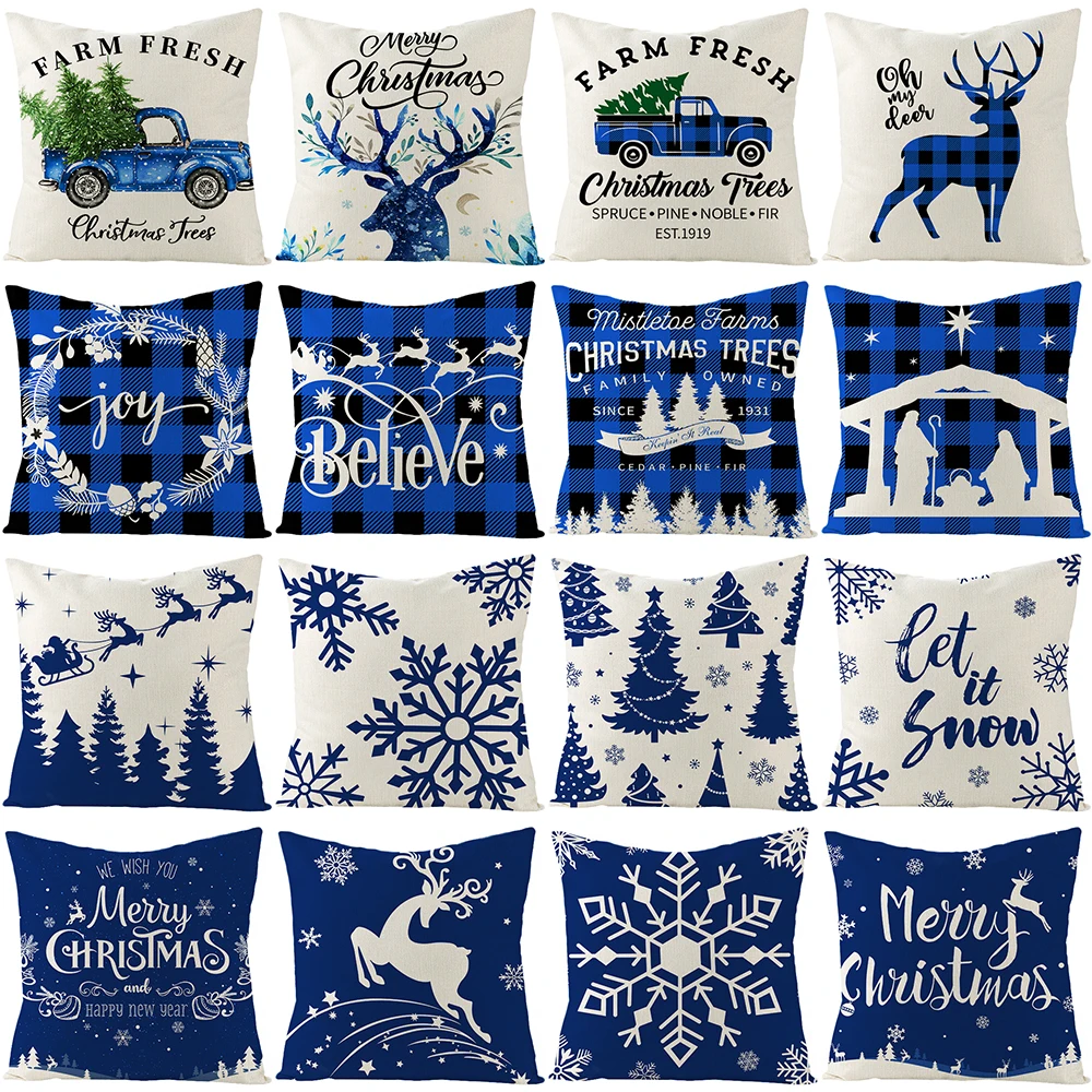 Blue-Themed-Cushion-Cover-45x45cm-Elk-Christmas-Pillowcase-2021 ...