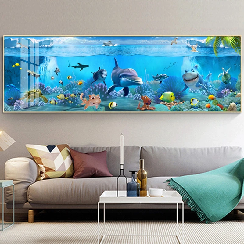 Modern-Blue-Posters-and-Prints-Deep-Sea-Marine-Fish-Animals-Canvas ...