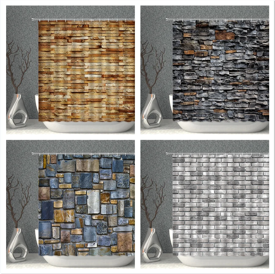 Brick-Pattern-Shower-Curtains-Waterproof-Fabric-Stone-Grain-Bath ...