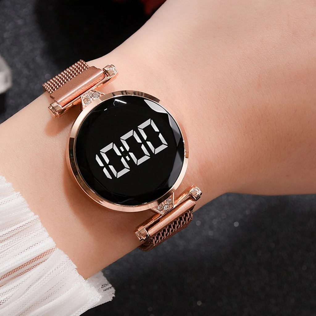 Touch Screen Digital Magnet Watches Women Rose Gold Stainless Steel ...