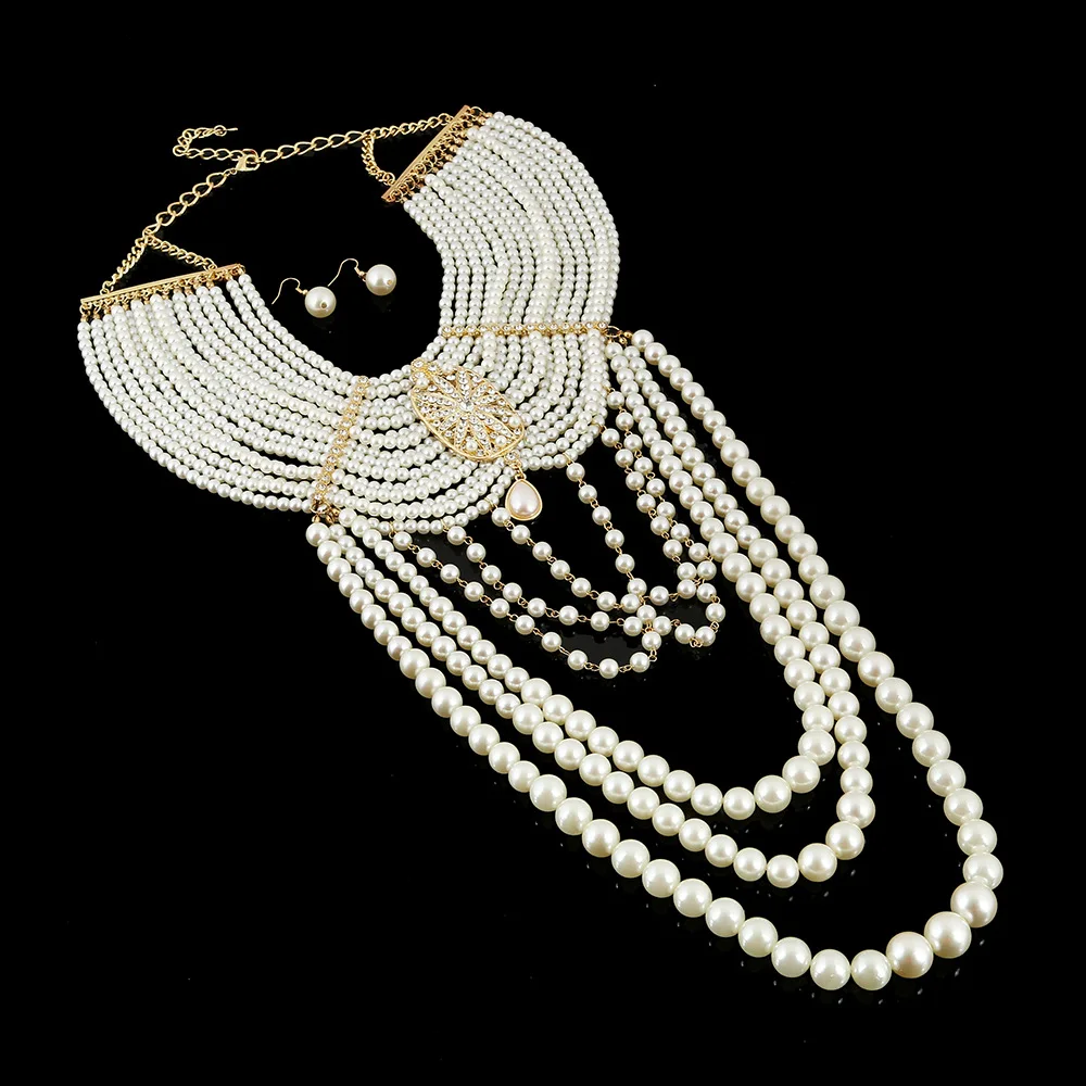 Conjunto de collar largo de flores y perlas para mujer, conjunto de ...