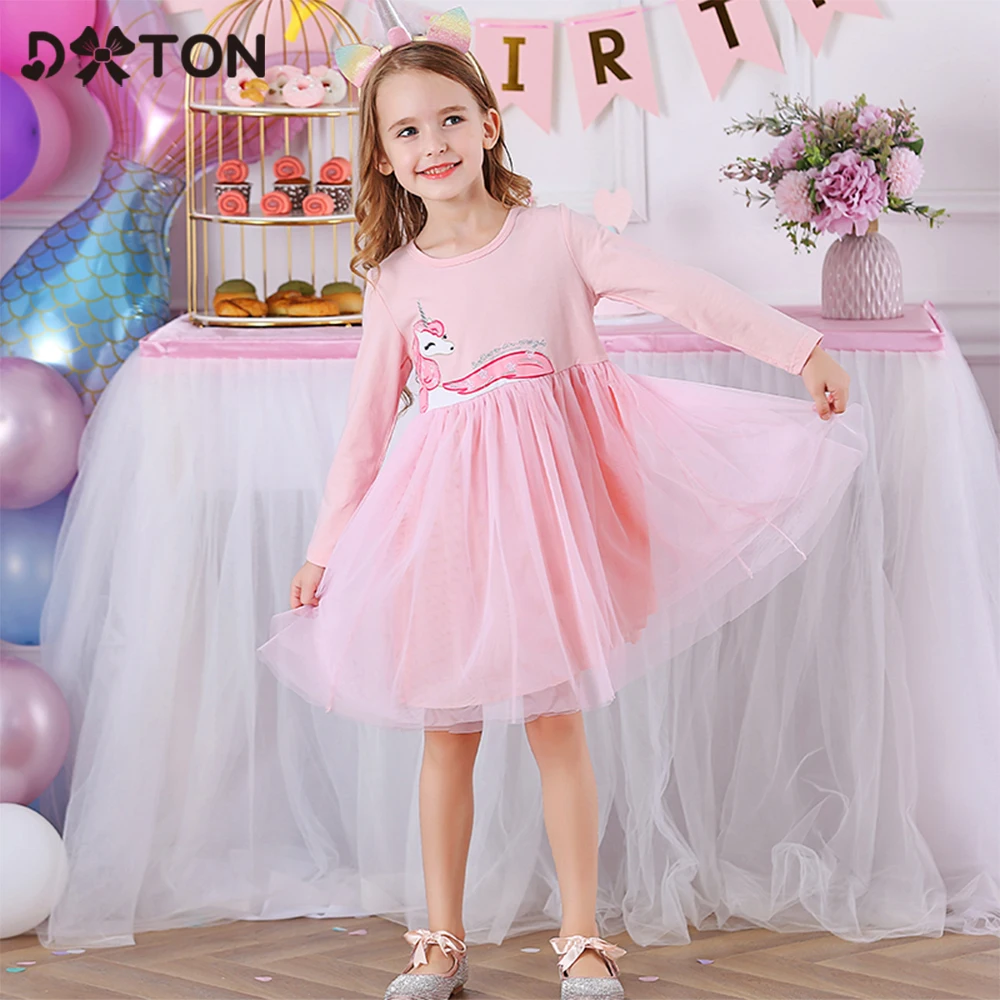 Dxton Girls Dress Kids Cartoon Vestdios Long Sleeve Unicorn Kids ...