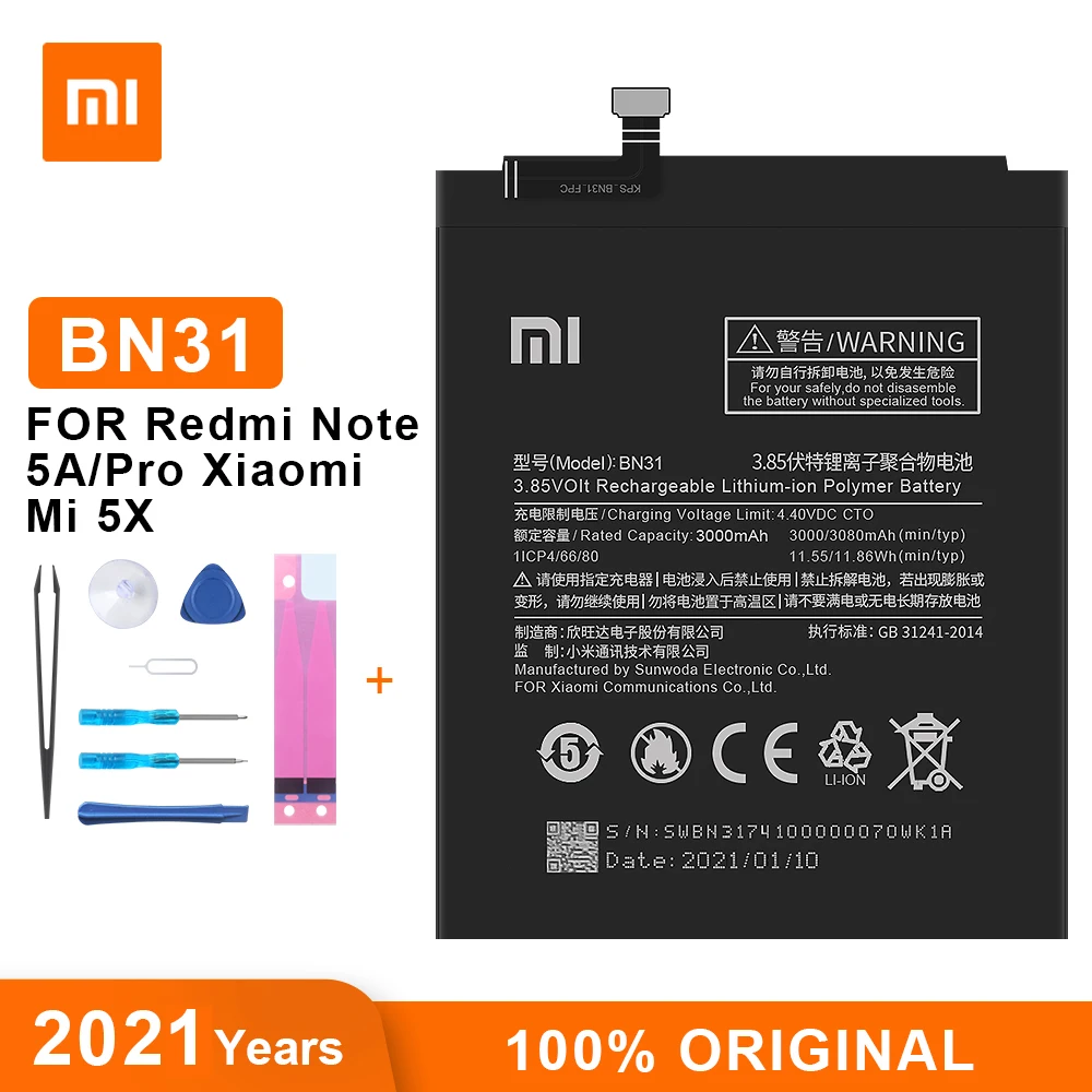 Xiao Mi 오리지널 배터리 BN31 3080 mAh, Xiaomi Mi 5X Mi5X Redmi Note 5A / Pro ...