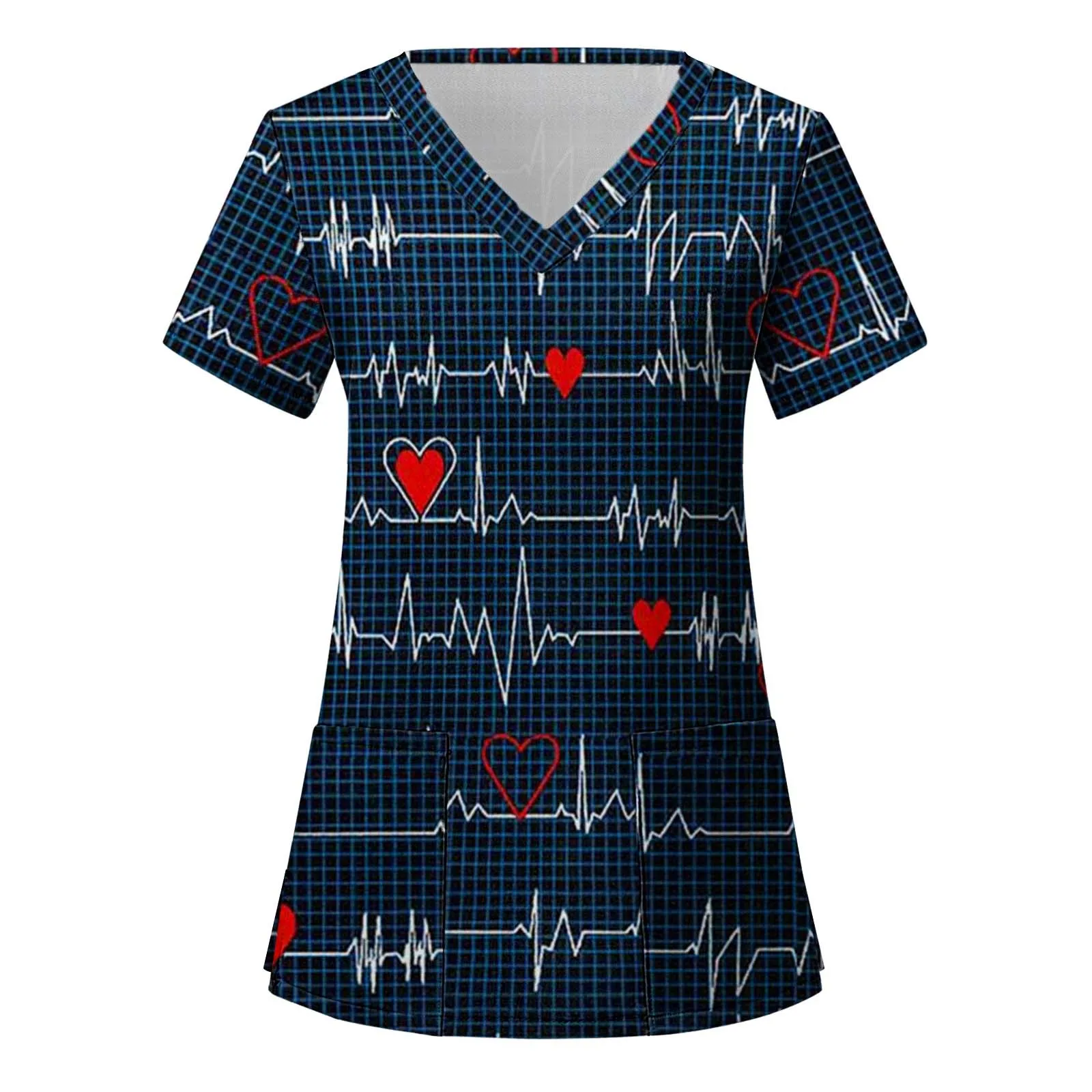 ECG-Heart-Printing-Scrub-Tops-Women-Short-Sleeve-V-neck-Tops-Nurse ...