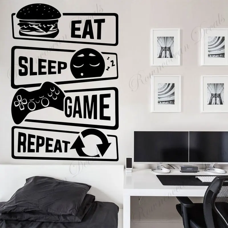 Wall Sticker Eat Sleep Game DIY Gamer Quote Gaming Room 3D Art Decal ...