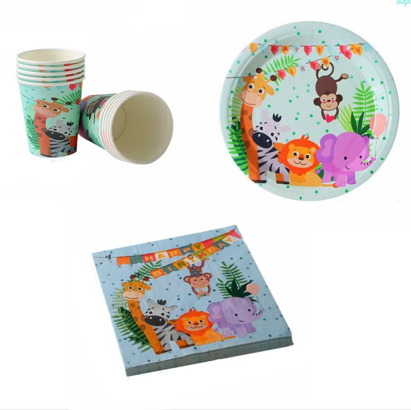 Juego de vajilla desechable con temática de animales del Zoo para niños, platos, vasos ...