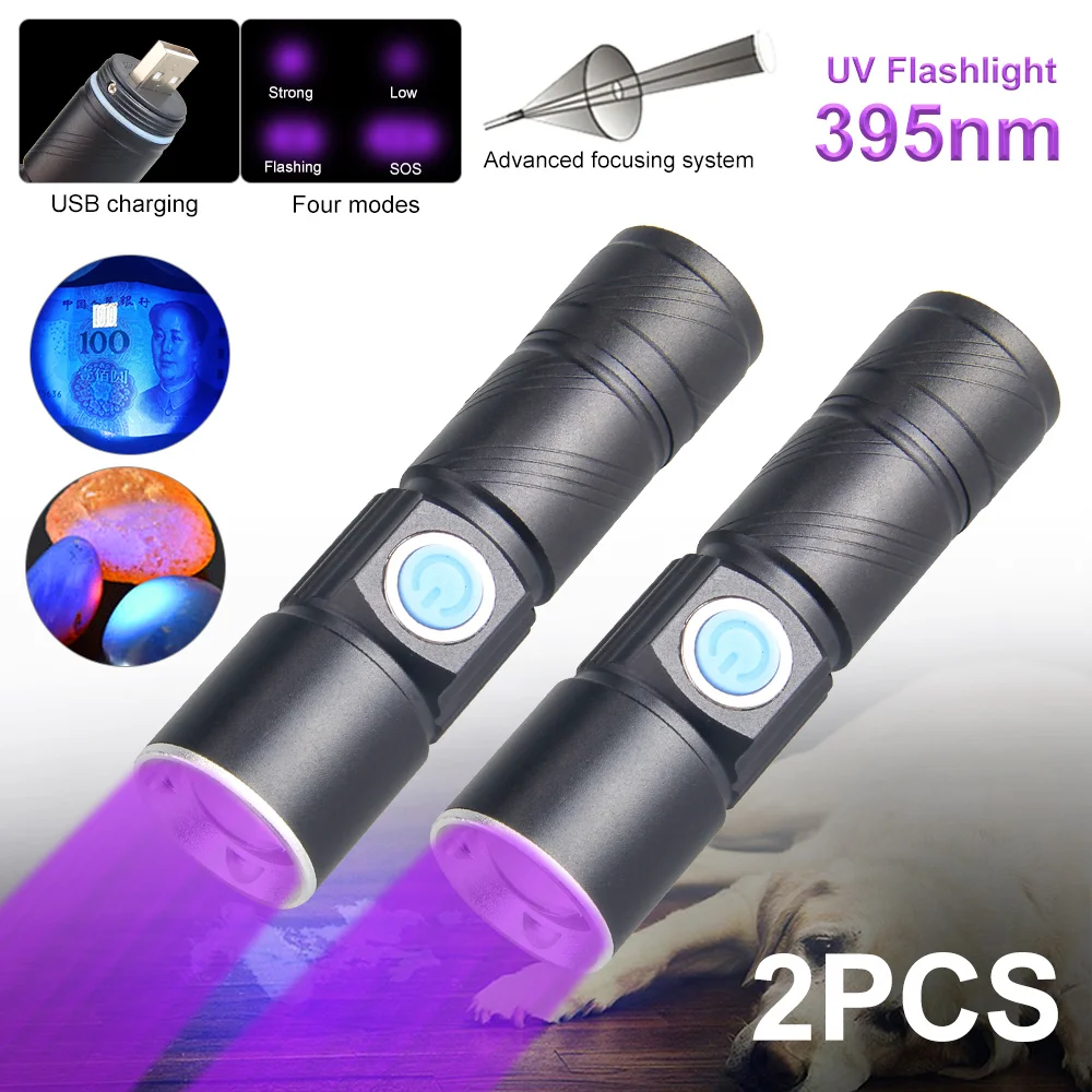 4 Modes 395nm Uv Light Flashlight Blacklight Usb Rechargeable Tactical ...