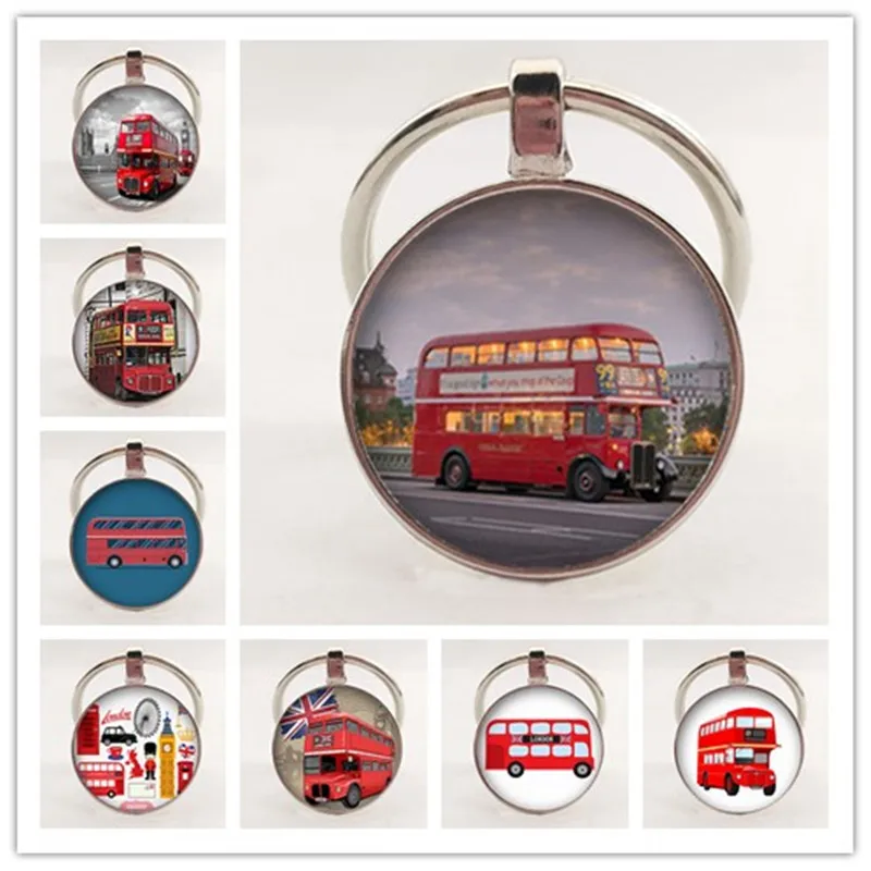 Vintage London Bus Keychain Bronze Bus Pattern Glass Convex Round ...