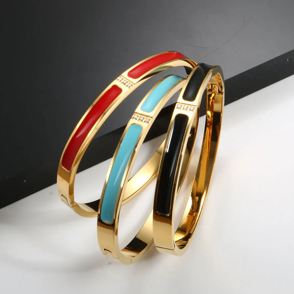 Fashion-Women-Enamel-Bangle-Bracelet-CNC-CZ-Crystal-Gold-Color-Black ...