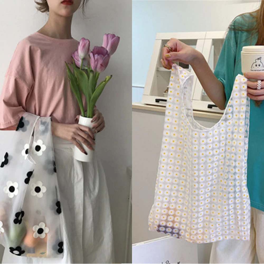 Women Foldable Recycle Reusable Handbags Designer Mesh Embroidery Light ...