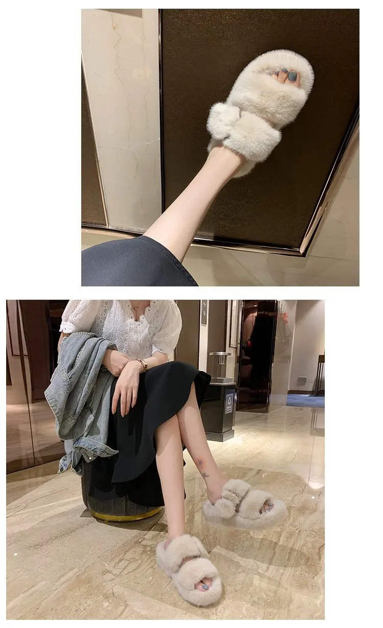 Chaussons,Pantoufles d'hiver en fourrure à semelle compensée pour ...