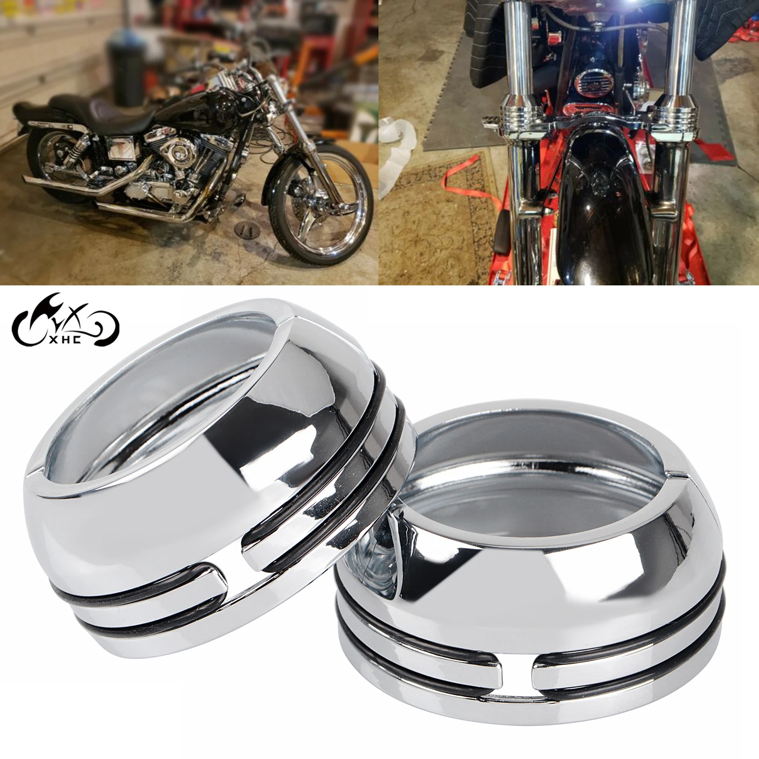 Motor-Chrome-Aluminum-Fork-Boot-Cap-Cover-For-Harley-Dyna-Super-Glide ...