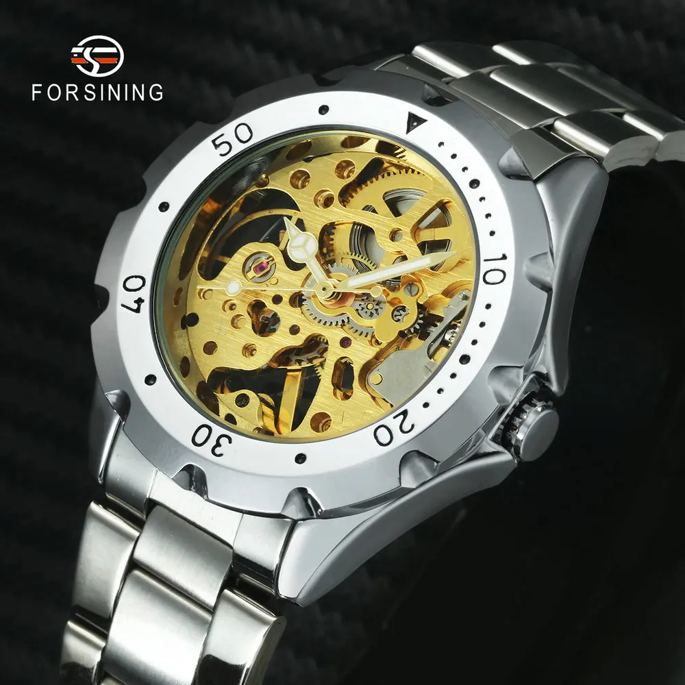 FORSINING Skeleton Watches For Men Silver Stainless Steel Strap Men's ...