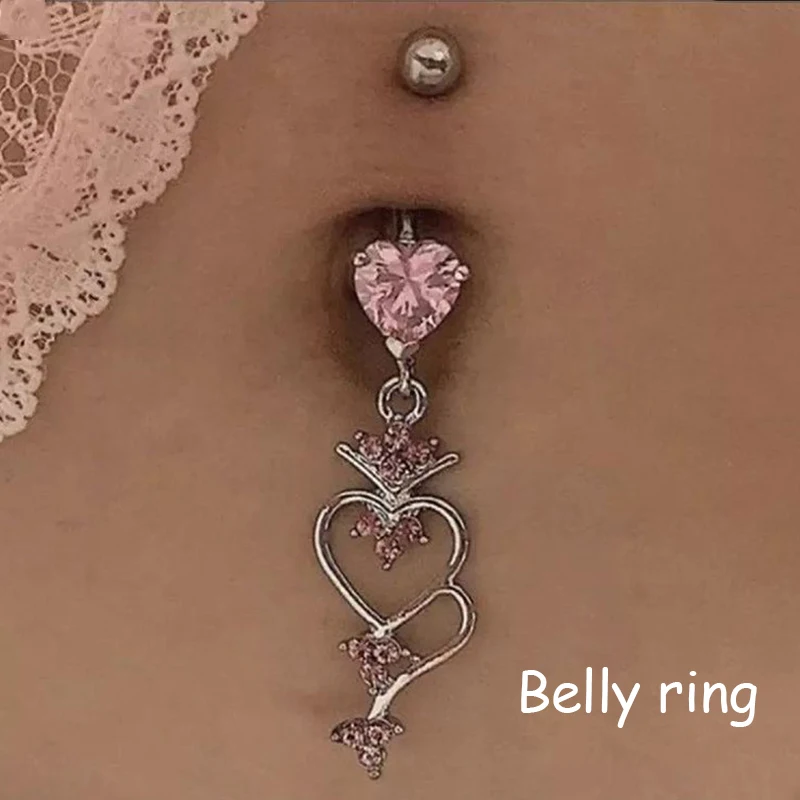 2000s Aesthetic Pink Shiny Crystal Heart Belly Rings Women Stainless ...