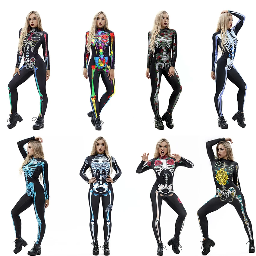 Scary Ghost Skeleton Print Long Sleeve Skull Bodysuit Cosplay Costume ...