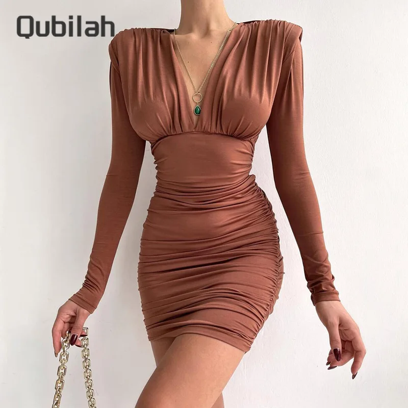 Long Sleeve Dresses Solid Color Folds V Neck Bodycon Dress Elegant ...