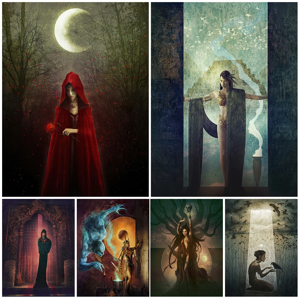 Red Rose And Witch Messenger Wall Art Canvas Painting Dark Wicca Poster ...
