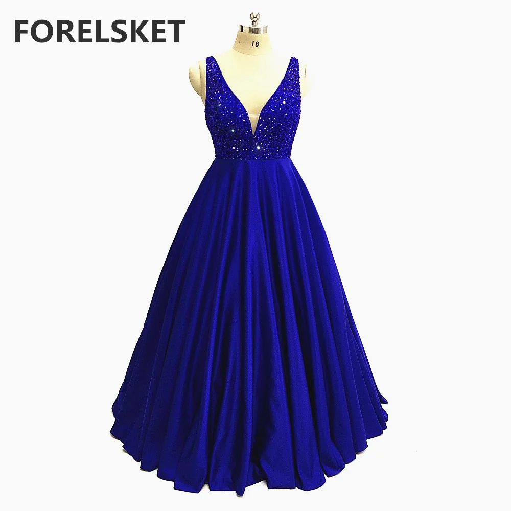 Vestidos de baile longos de cetim com decote v azul royal, vestidos de ...