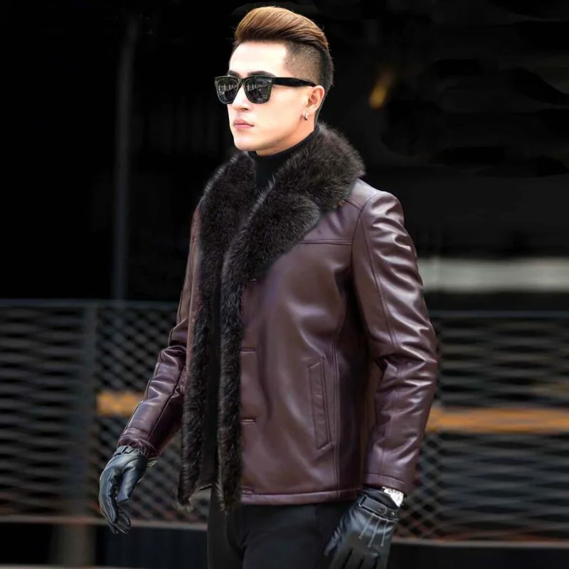 Raccoon Fur Collar Men Leather Coat Winter New Men's Sheepskin Fur One ...