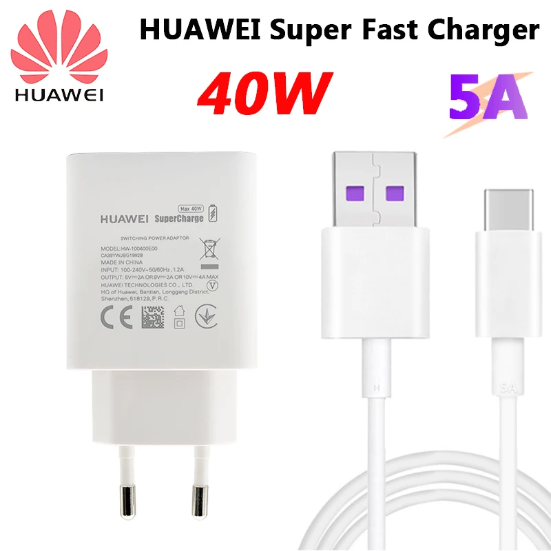 Huawei supercharge carregador rápido max 40w 10v/4a com cabo 5a para huawei p30 p40 nova 5t 7 ...