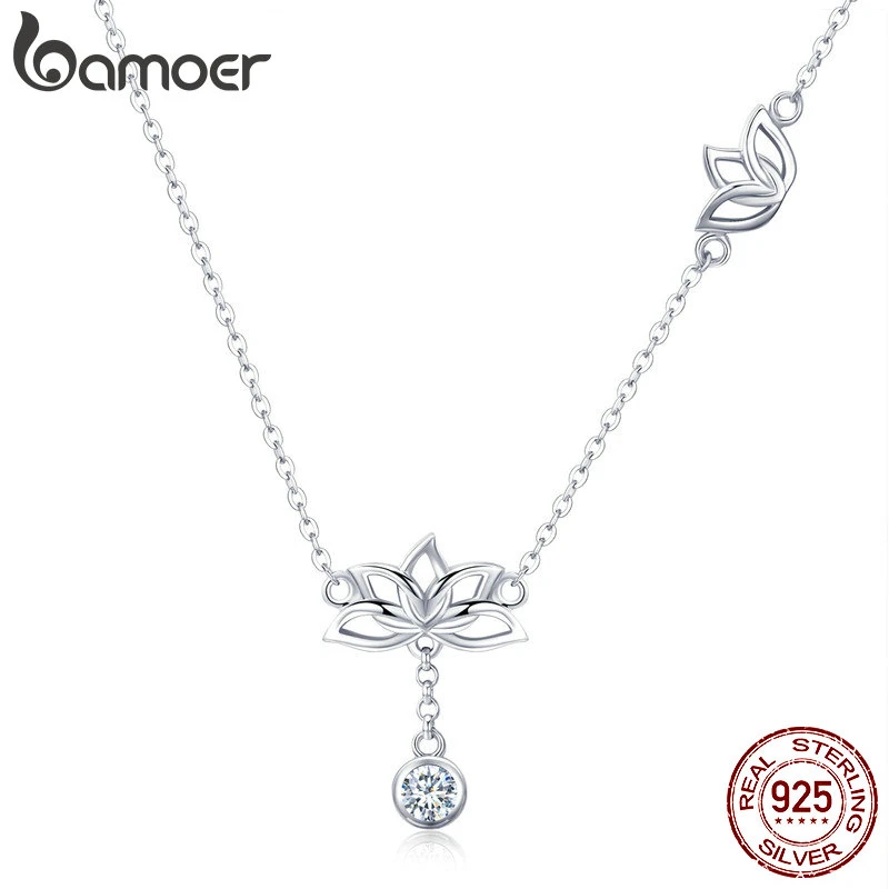 Bamoer 100% 925 Sterling Silver Elegant Lotus Pendant Necklaces Cubic ...