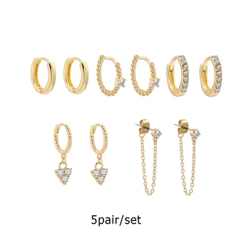 New Design CZ Zircon Crystal Small Hoops Sets Long Gold Chain Earrings for Women Twist Beads ...