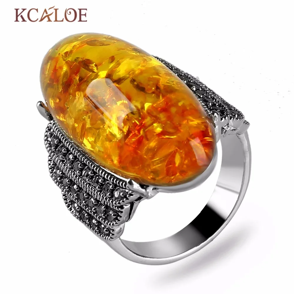 Kcaloe Long Vintage Oval Rings For Women Black Austrian Crystal ...