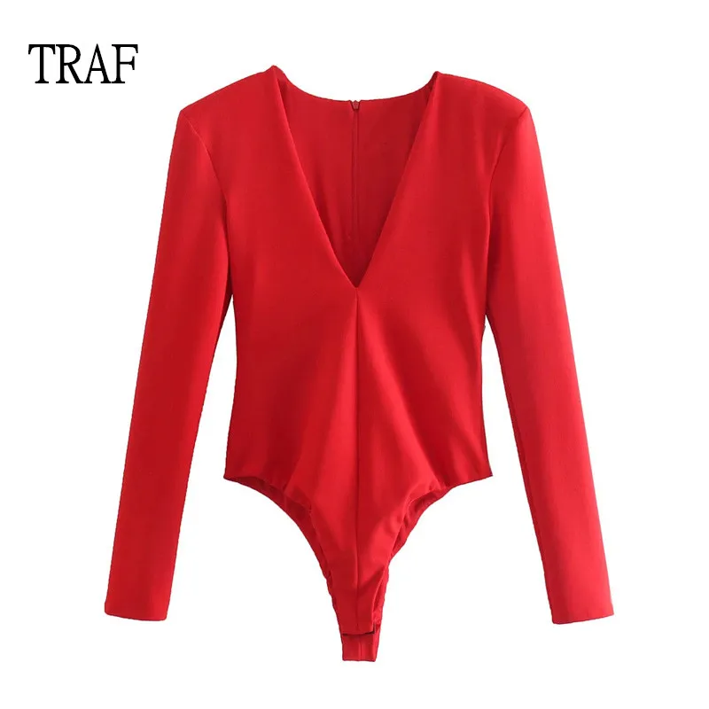 TRAF Women Jumpsuits 2021 Vintage Red Women's Sexy Bodysuit V Neck Long ...