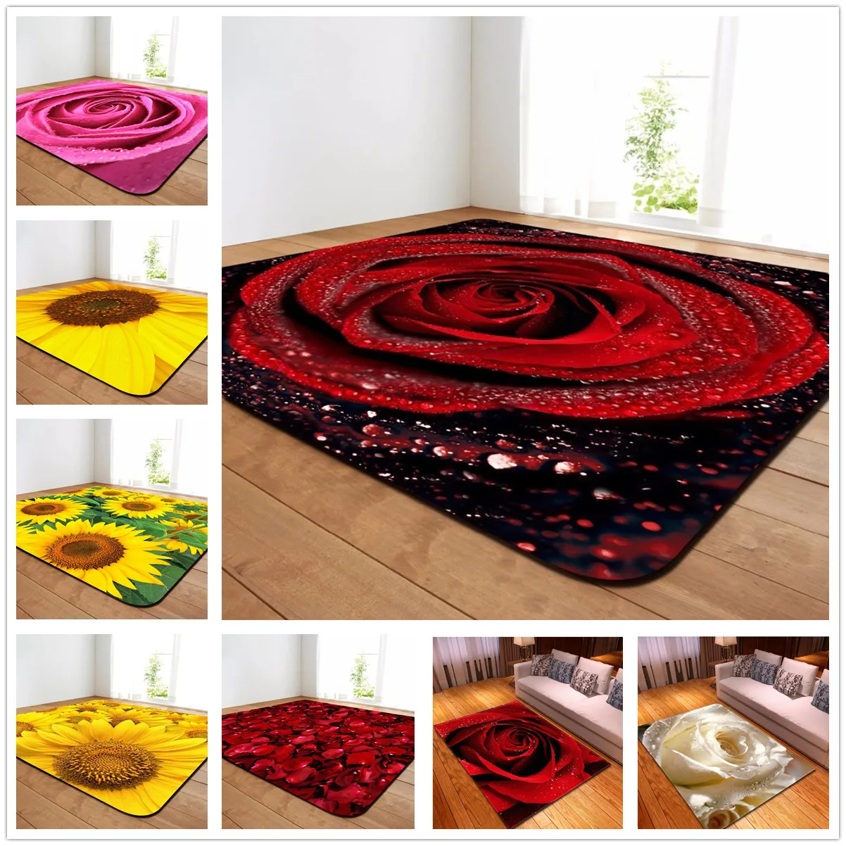 3D Carpets Romantic Rose Sunflower Area Rug Parlor Big Carpets Mat Soft ...