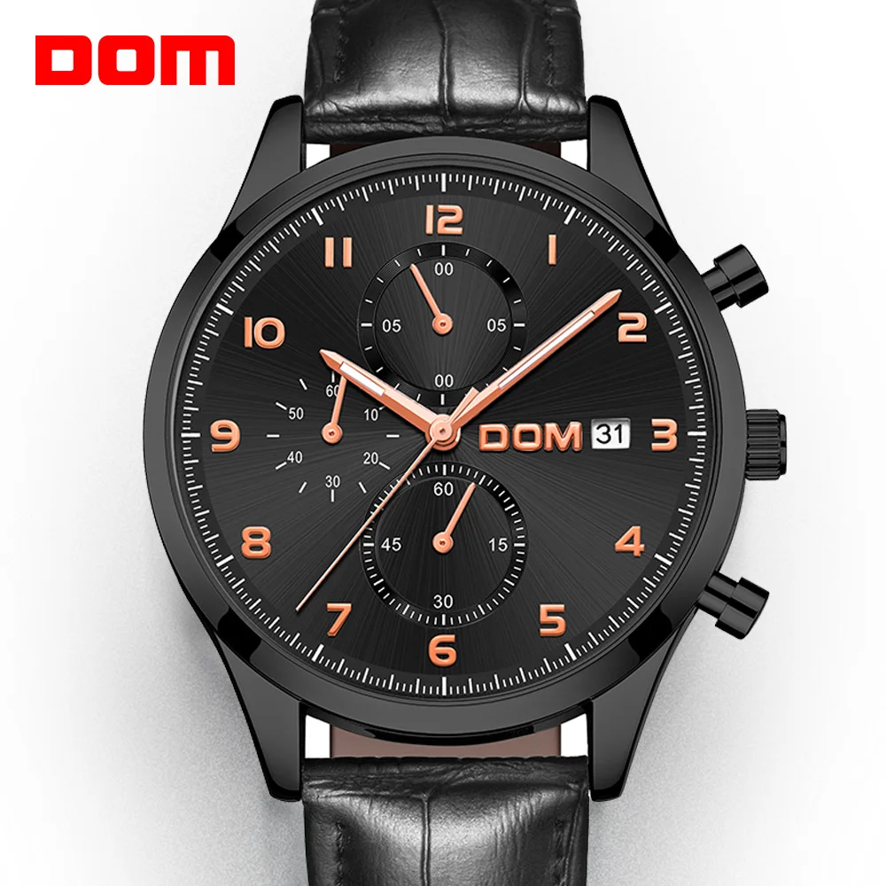 DOM Men's Sport Watches Black Top Brand Luxury Genuine Leather Wrist ...