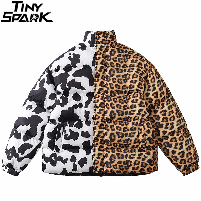 Hip Hop Streetwear Patchwork Padded Jacket Harajuku Leopard Print Cow ...