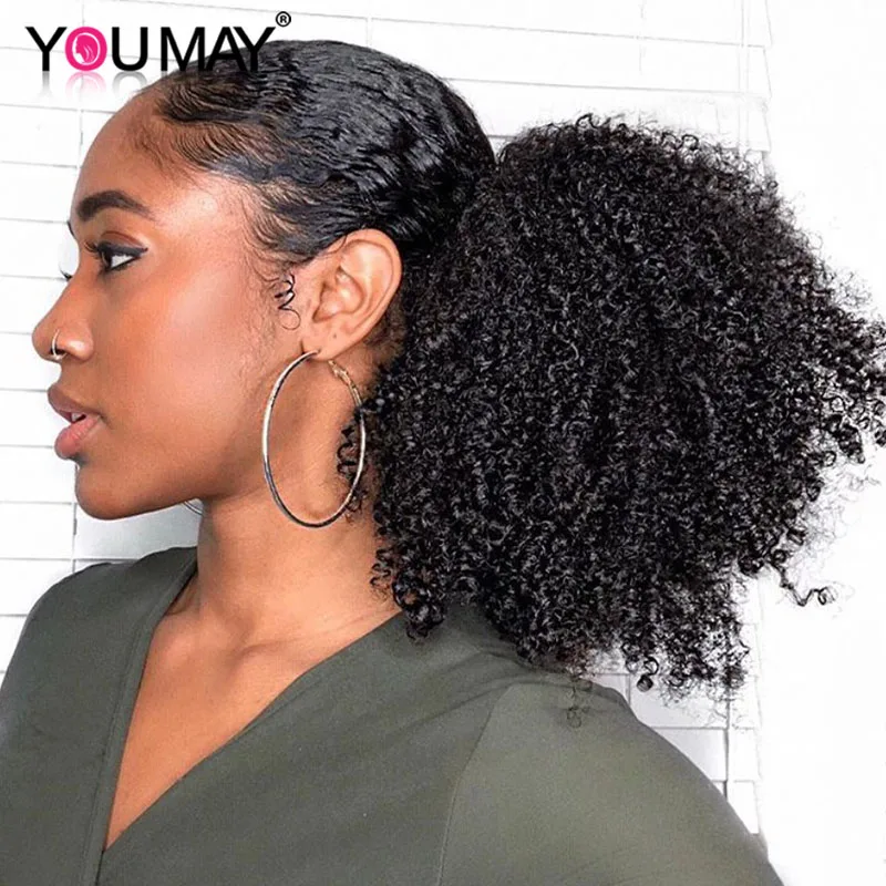 Coleta de pelo rizado Afro, extensión de cabello humano mongol, Color ...