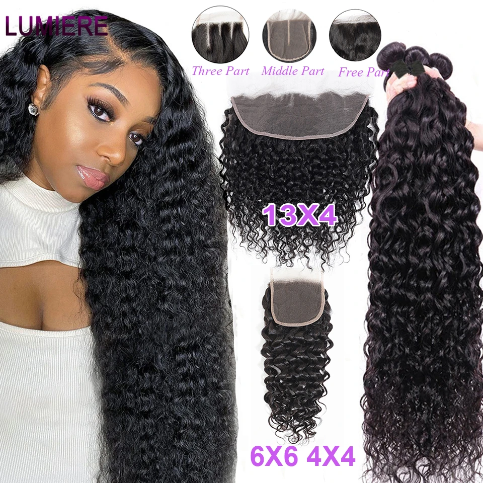 32 38 40inch Water Wave Bundles With Closure Peruvian Hair Weave Bundles With Frontal 6x6 Hd ...