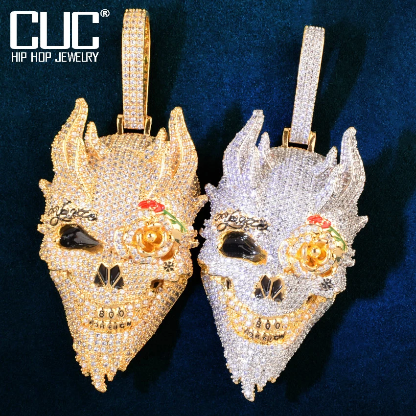 Rose-Eye-Skull-Head-Pendant-Necklace-Chain-For-Men-Cubic-Zircon-Hip-Hop ...