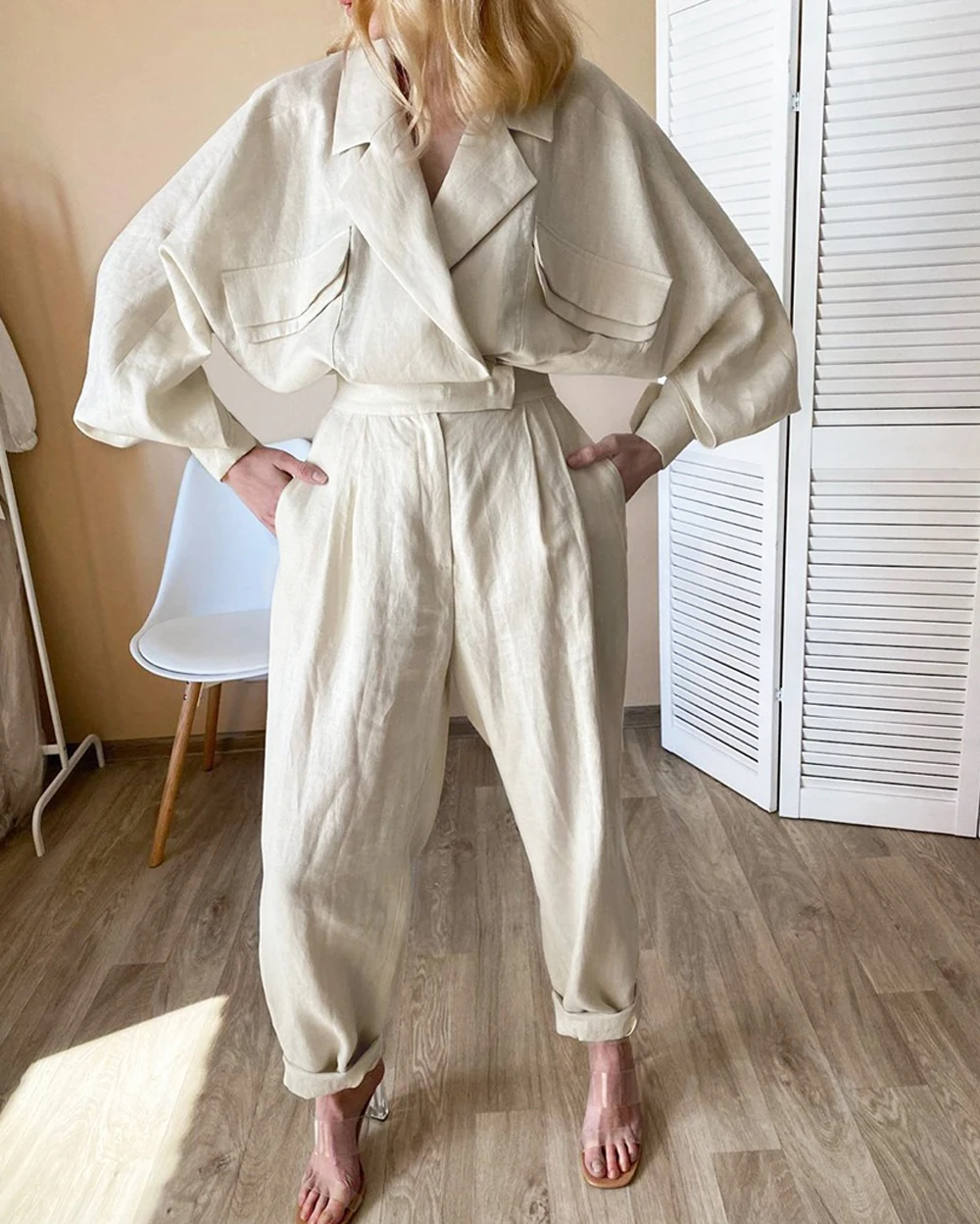 Women-s-Spring-Cargo-Jacket-Two-Piece-Set-Cotton-Linen-Outwear-Coat ...