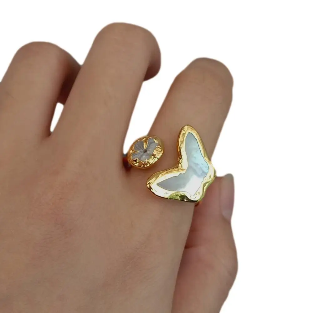 Y·YING Natural White Sea Shell Carved Flower Butterfly Gold Color Tiny ...