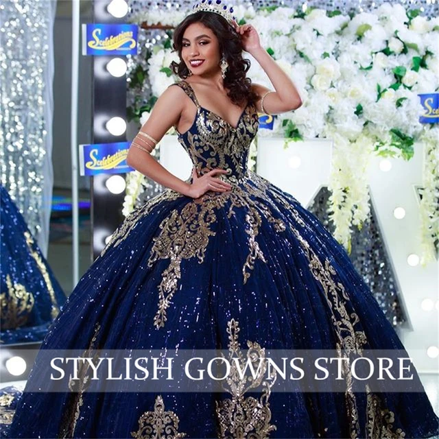 Dark Blue With Gold Quinceanera Dresses