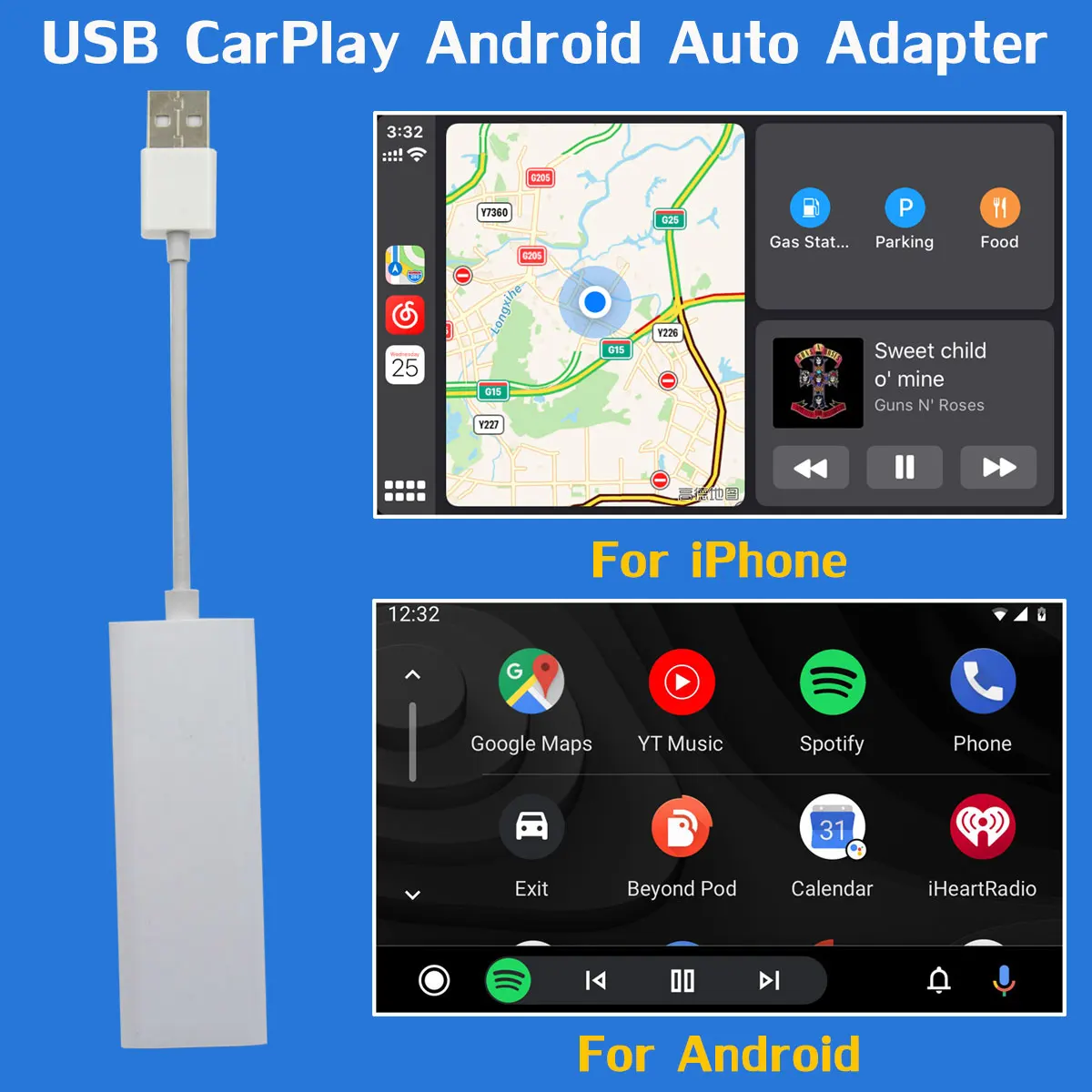 Owtosin CarPlay Auto Dongle อะแดปเตอร์ USB สำหรับ Android รถนำทาง GPS ...