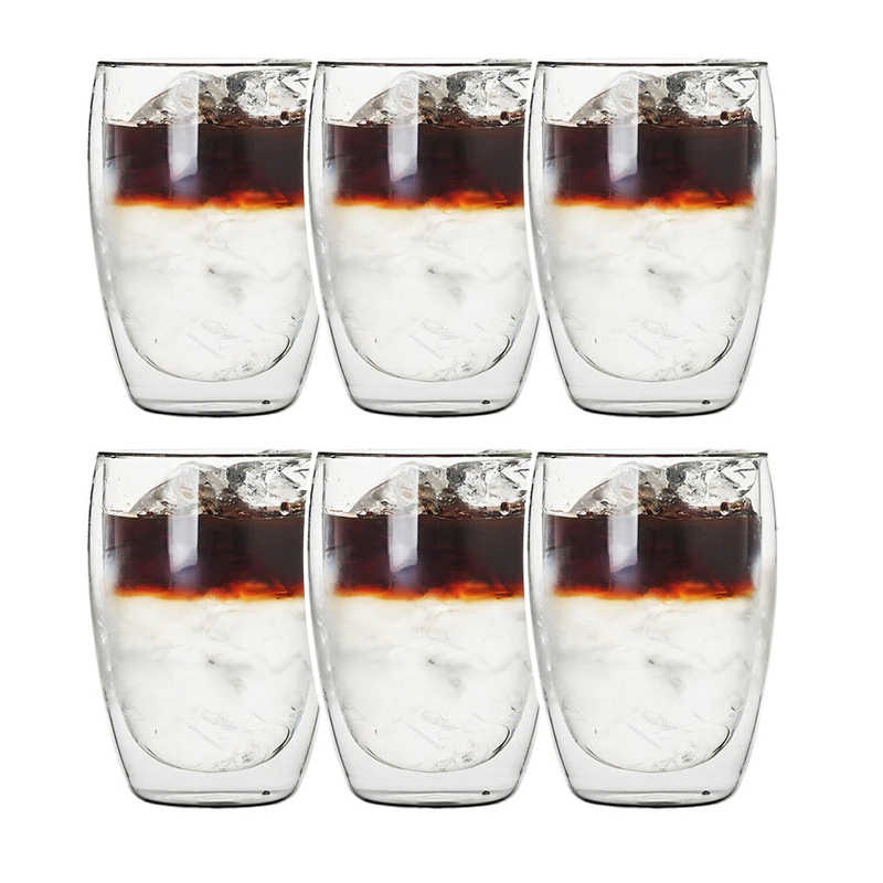6pcs 350ml 투명 유리 에스프레소 커피 컵 이중 벽 우유 위스키 차 맥주 컵 내열성 칵테일 보드카 와인 머그잔투명