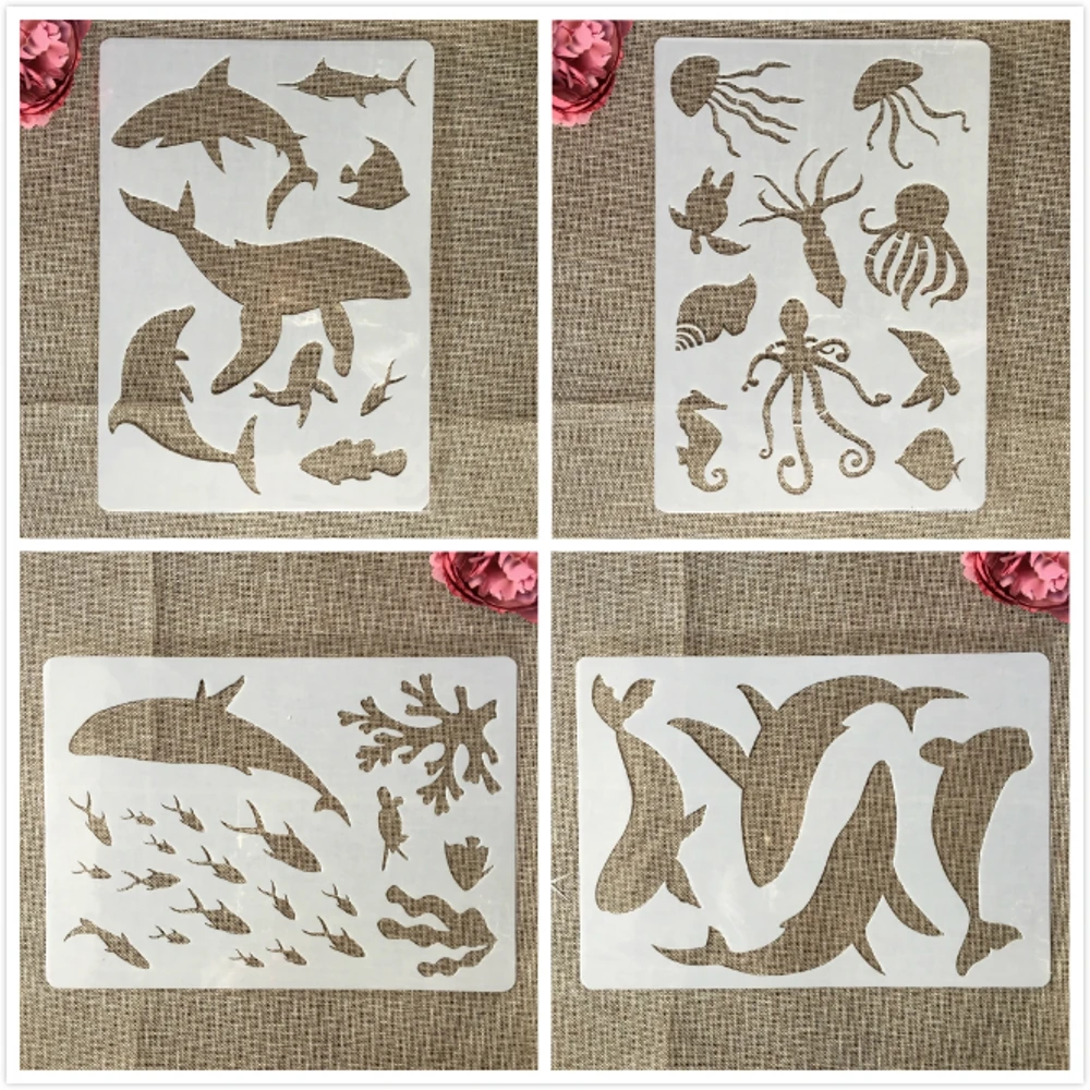 4Pcs-A4-29cm-Whale-Shark-Dolphin-Quallen-DIY-Schichtung-Schablonen ...