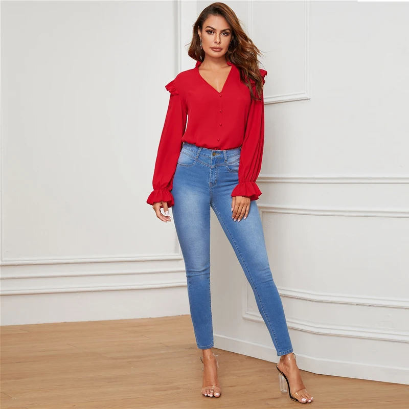 SHEIN Red Ruffle Trim Buttoned Front V Neck Blouse Top Women Spring ...