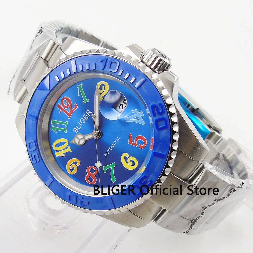 BLIGER 40mm Blue Dial Blue Ceramic Rotating Bezel Luminous Marks Date ...