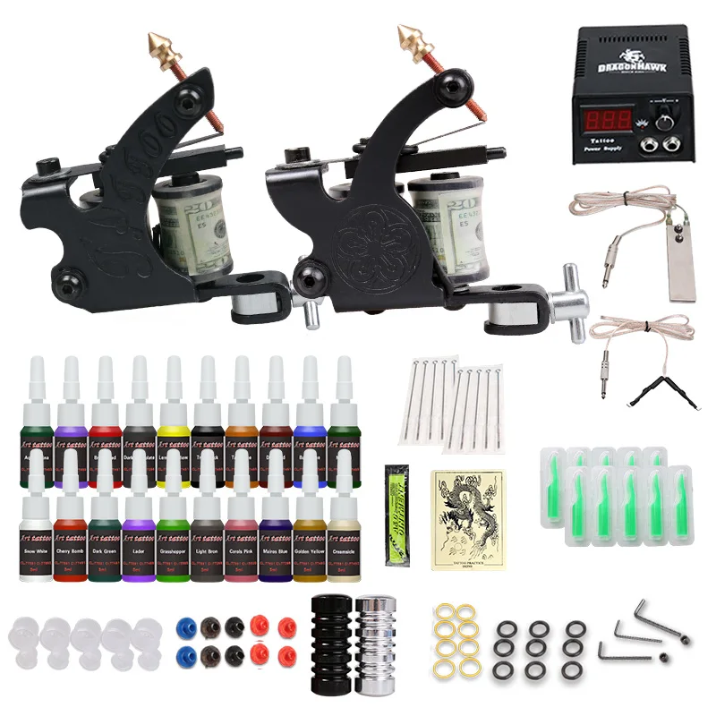 Professional Tattoo Kit 2 Guns Machines 20 Ink Sets Power Supply Tattoo ...