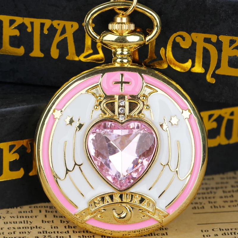 Golden-Girly-Style-Pink-Crystal-Inlaid-Quartz-Pocket-Watch-Ladies ...