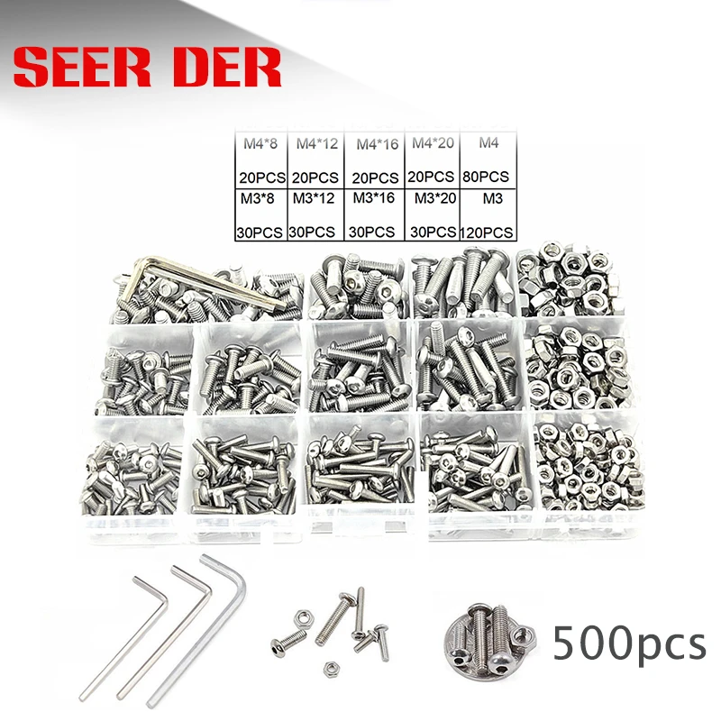 500Pcs Hex Hexagon Socket Cap Schroeven Set Allen Schroef Kit M3 M4 M5 Rvs Bout En moer Kit ...