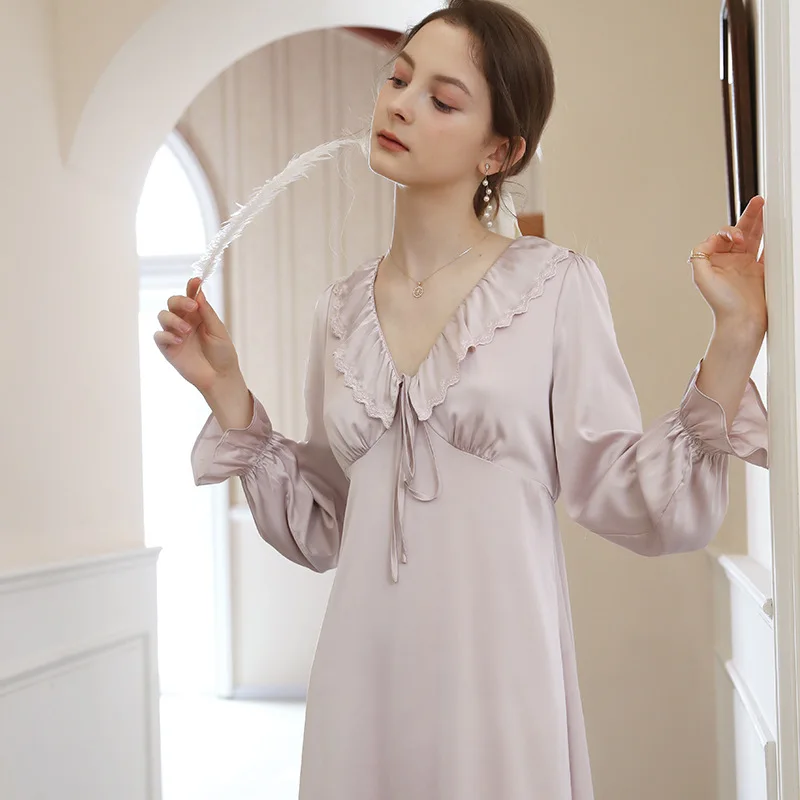 Vintage Satin Nightgowns Women Autumn Ice Silk Long Slim Night Dress ...