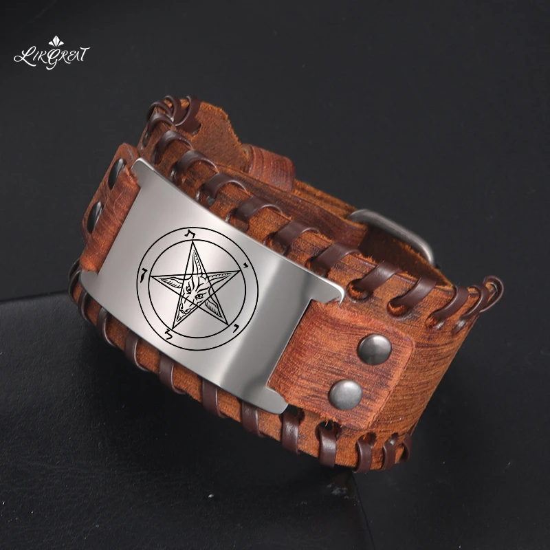 LIKGREAT-Satanic-Amulet-Wide-Leather-Bracelet-on-Hand-for-Men-Symbol-of ...