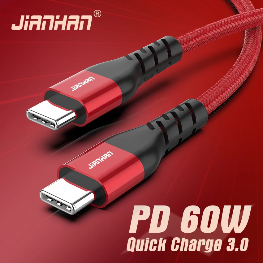 JianHan USB C to USB C타입 케이블, PD 60W USBC 고속 충전기 코드, 샤오미 미 10 프로, 삼성 ...