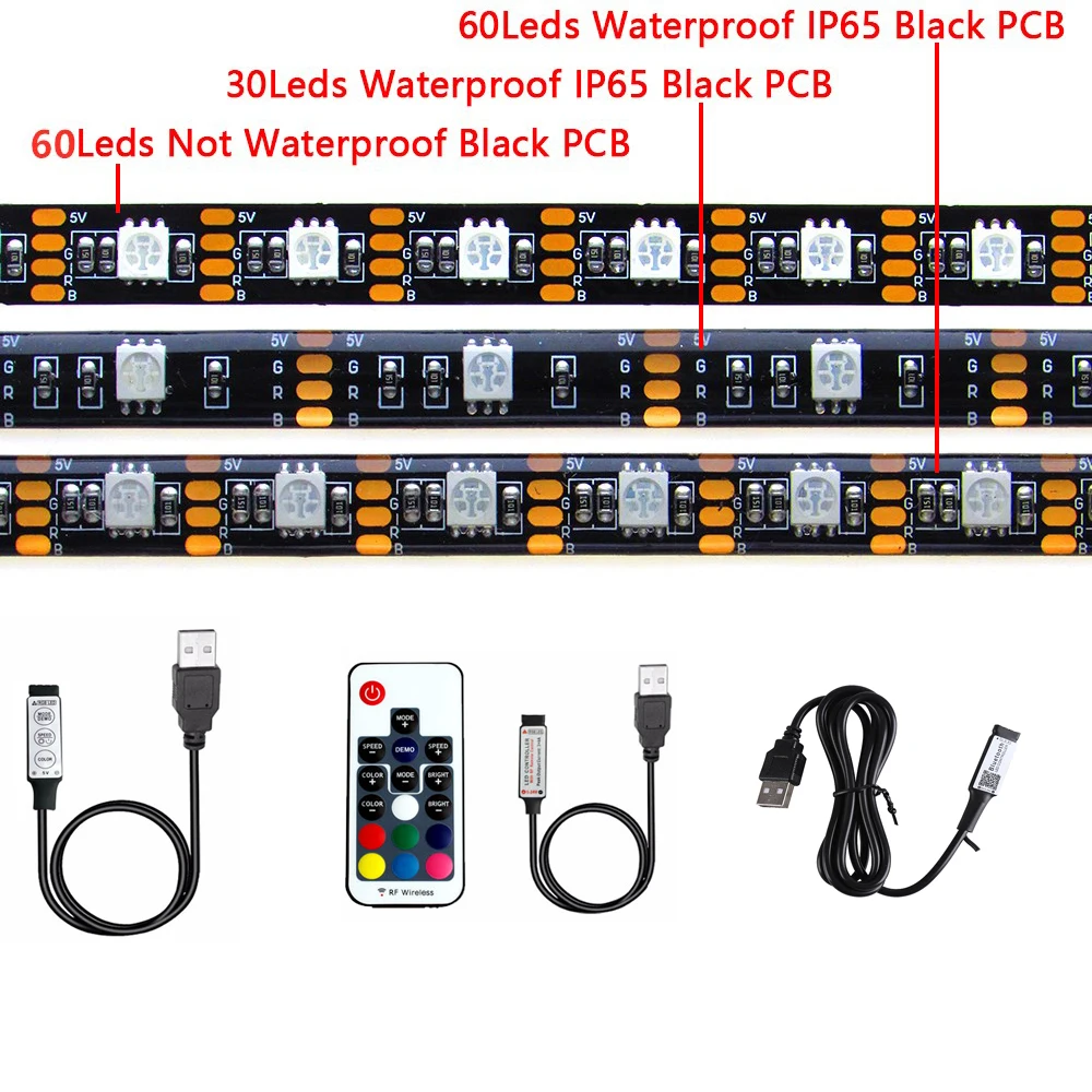 USB LED 스트립 라이트, RGB 방수, 블랙 PCB 5050, 0.5m, 1m, 2m, 3m, 4m, 5m, PC TV ...