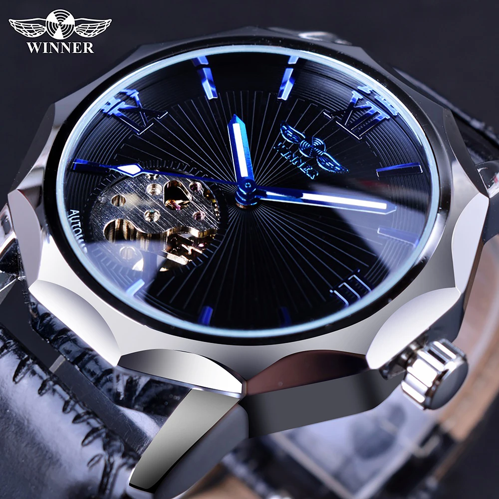 Winner Blue Ocean Geometry Design Transparent Skeleton Dial Mens Watch ...